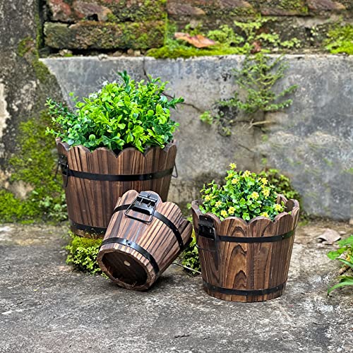 HakkaGirl Wooden Bucket Barrel Planters, Rustic Patio Planters Flower Pots for Plants Indoor Décor, Set of 3