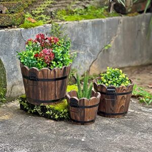 HakkaGirl Wooden Bucket Barrel Planters, Rustic Patio Planters Flower Pots for Plants Indoor Décor, Set of 3