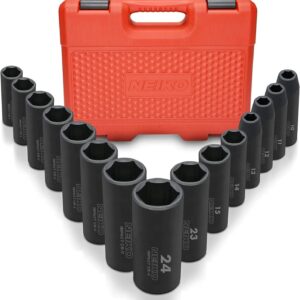 NEIKO 02474A 1/2" Impact Socket Set, 15 Piece Metric Socket Set 10-24 mm, Deep Sockets, 6 Point, 1/2” Drive Sockets for 1/2" Impact Wrench, Chrome Vanadium Cr-V