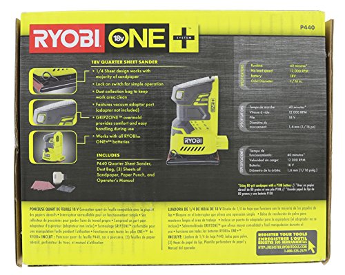 Ryobi P440 One+ 18V Lithium Ion 12,000 RPM 1/4 Sheet Palm Sander w/ Onboard Dust Bag and Included Sanding Pads (Battery Not Included, Power Tool Only)