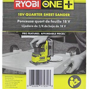 Ryobi P440 One+ 18V Lithium Ion 12,000 RPM 1/4 Sheet Palm Sander w/ Onboard Dust Bag and Included Sanding Pads (Battery Not Included, Power Tool Only)