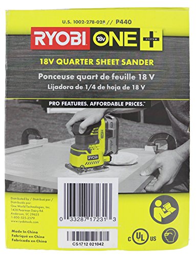 Ryobi P440 One+ 18V Lithium Ion 12,000 RPM 1/4 Sheet Palm Sander w/ Onboard Dust Bag and Included Sanding Pads (Battery Not Included, Power Tool Only)