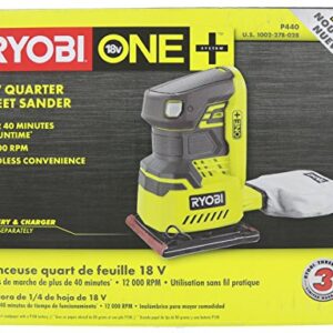 Ryobi P440 One+ 18V Lithium Ion 12,000 RPM 1/4 Sheet Palm Sander w/ Onboard Dust Bag and Included Sanding Pads (Battery Not Included, Power Tool Only)