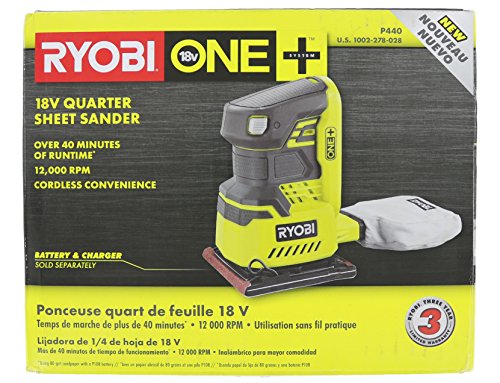 Ryobi P440 One+ 18V Lithium Ion 12,000 RPM 1/4 Sheet Palm Sander w/ Onboard Dust Bag and Included Sanding Pads (Battery Not Included, Power Tool Only)