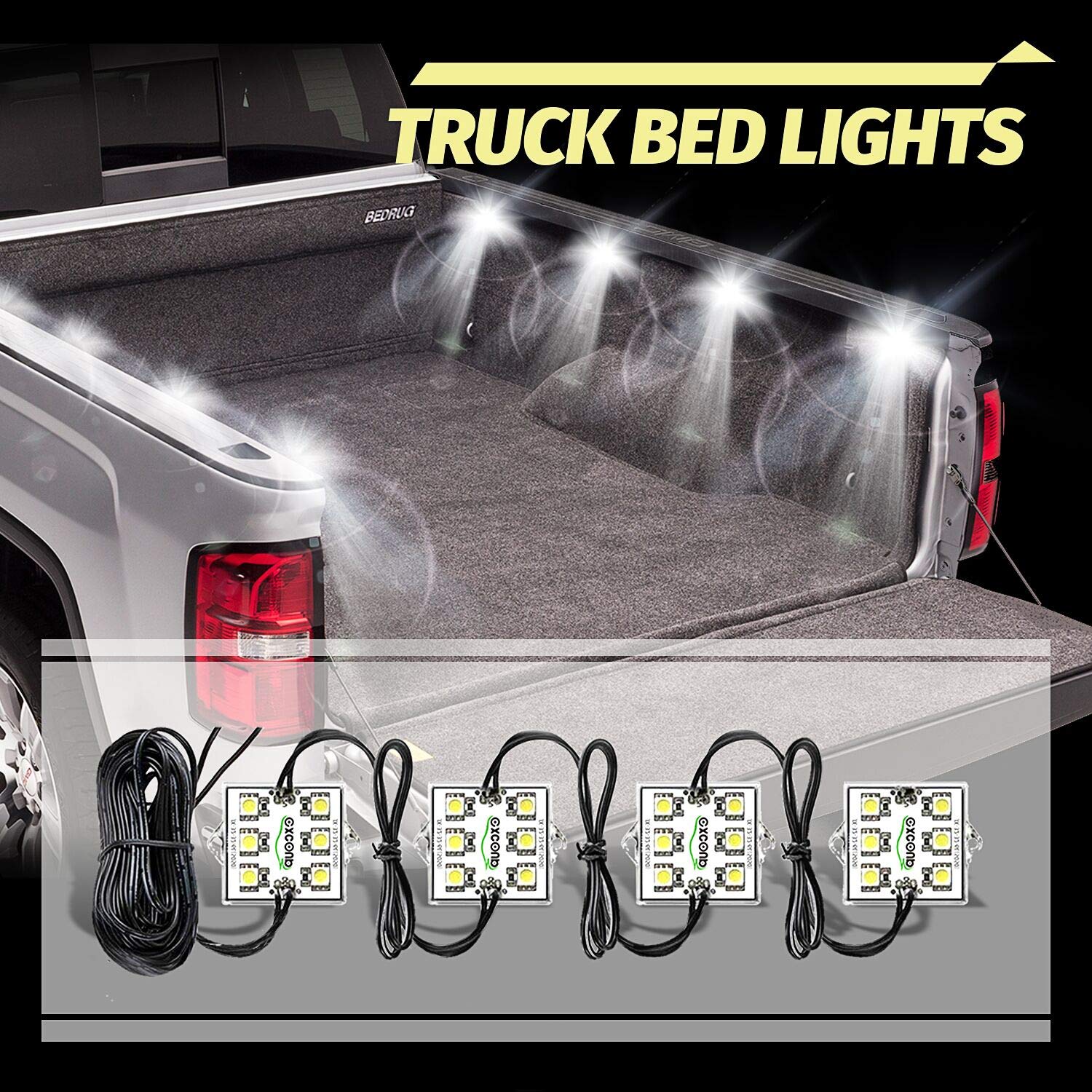 White LED Truck Pickup Bed Light Kit, 8 PCS 48 LEDs Rock Lighting Kits IP68 Waterproof LED Lighting Set with Switch for Car, Side Marker, Foot Wells, Rail Lights