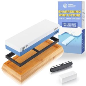 knife sharpening stone kit - 2 side whetstone set 1000/6000 grit sharpening and honing wet stone waterstone sharpener for chefs and kitchen knife anti-slip base angle guide & flattening stone