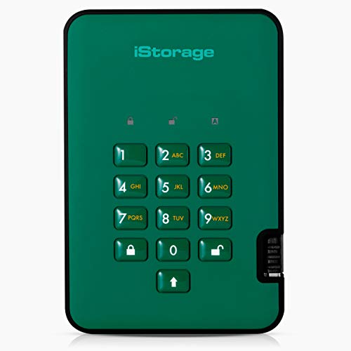 iStorage diskAshur2 HDD 2TB Green - Secure portable hard drive - Password protected, dust and water resistant, portable, military grade hardware encryption USB 3.1 IS-DA2-256-2000-GB