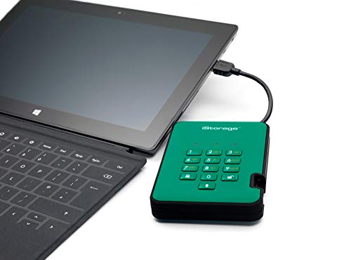 iStorage diskAshur2 HDD 2TB Green - Secure portable hard drive - Password protected, dust and water resistant, portable, military grade hardware encryption USB 3.1 IS-DA2-256-2000-GB