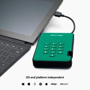 iStorage diskAshur2 HDD 2TB Green - Secure portable hard drive - Password protected, dust and water resistant, portable, military grade hardware encryption USB 3.1 IS-DA2-256-2000-GB