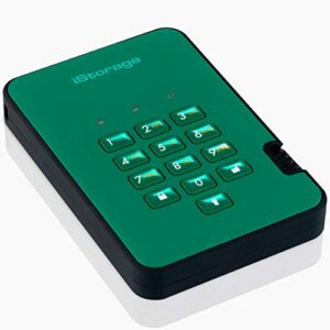 iStorage diskAshur2 HDD 2TB Green - Secure portable hard drive - Password protected, dust and water resistant, portable, military grade hardware encryption USB 3.1 IS-DA2-256-2000-GB