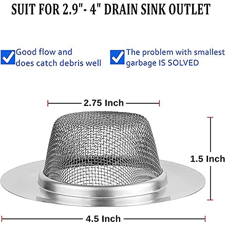 Kitchen Sink Strainer - Stainless Steel, Large Wide Rim 4.5", Anti Clogging, Wire Mesh Sink Strainers - Deep Basket, Quick Outflow, Effective Catching Debris (2-Pack)