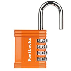 FortLocks Padlock - 4 Digit Combination Lock for Gym Outdoor & School Locker, Fence, Case & Shed – Heavy Duty Resettable Set Your Own Combo – Waterproof & Weatherproof (1 Pack - Orange)