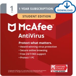 mcafee antivirus protection student edition | 1 pc (windows) | antivirus protection, internet security software | 1 year subscription | download code - prime student exclusive