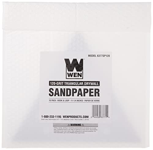 WEN 6377SP120 120-Grit Hook & Loop 11-1/4-Inch Triangle Drywall Sander Sandpaper, 10 Pack