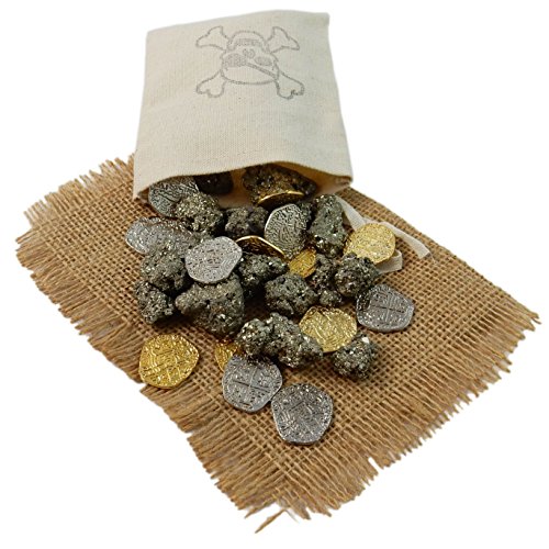 Beverly Oaks ONE (1) Pirate Booty Pouch Filled with 1/2 Pound Pyrite and 15 Metal Pirate Treasure Coins - Shiny Gold and Silver Doubloon Replicas