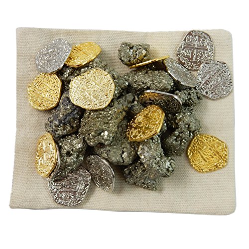 Beverly Oaks ONE (1) Pirate Booty Pouch Filled with 1/2 Pound Pyrite and 15 Metal Pirate Treasure Coins - Shiny Gold and Silver Doubloon Replicas