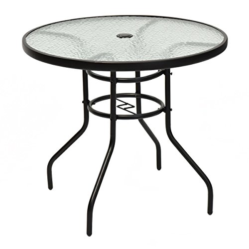 Tangkula 32" Outdoor Patio Table Round Steel Frame Tempered Glass Top Commercial Party Event Furniture Conversation Coffee Table for Backyard Lawn Balcony Pool with Umbrella Hole