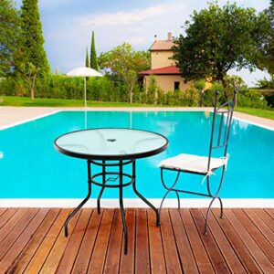 Tangkula 32" Outdoor Patio Table Round Steel Frame Tempered Glass Top Commercial Party Event Furniture Conversation Coffee Table for Backyard Lawn Balcony Pool with Umbrella Hole