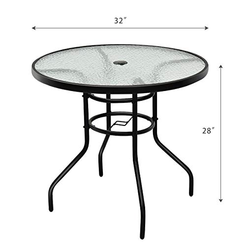 Tangkula 32" Outdoor Patio Table Round Steel Frame Tempered Glass Top Commercial Party Event Furniture Conversation Coffee Table for Backyard Lawn Balcony Pool with Umbrella Hole