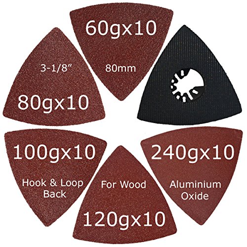 XXGO 51 Pcs Triangular 80mm 3-1/8 Inch Hook and Loop 60 80 100 120 240 Grits Oscillating Multi Tool Sandpaper and Triangle Multitool Sanding Pads Kits XG5106