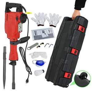 f2c 2200w heavy duty electric demolition jack hammer concrete breaker power tool kit 2 chisel 2 punch bit set w/case, gloves