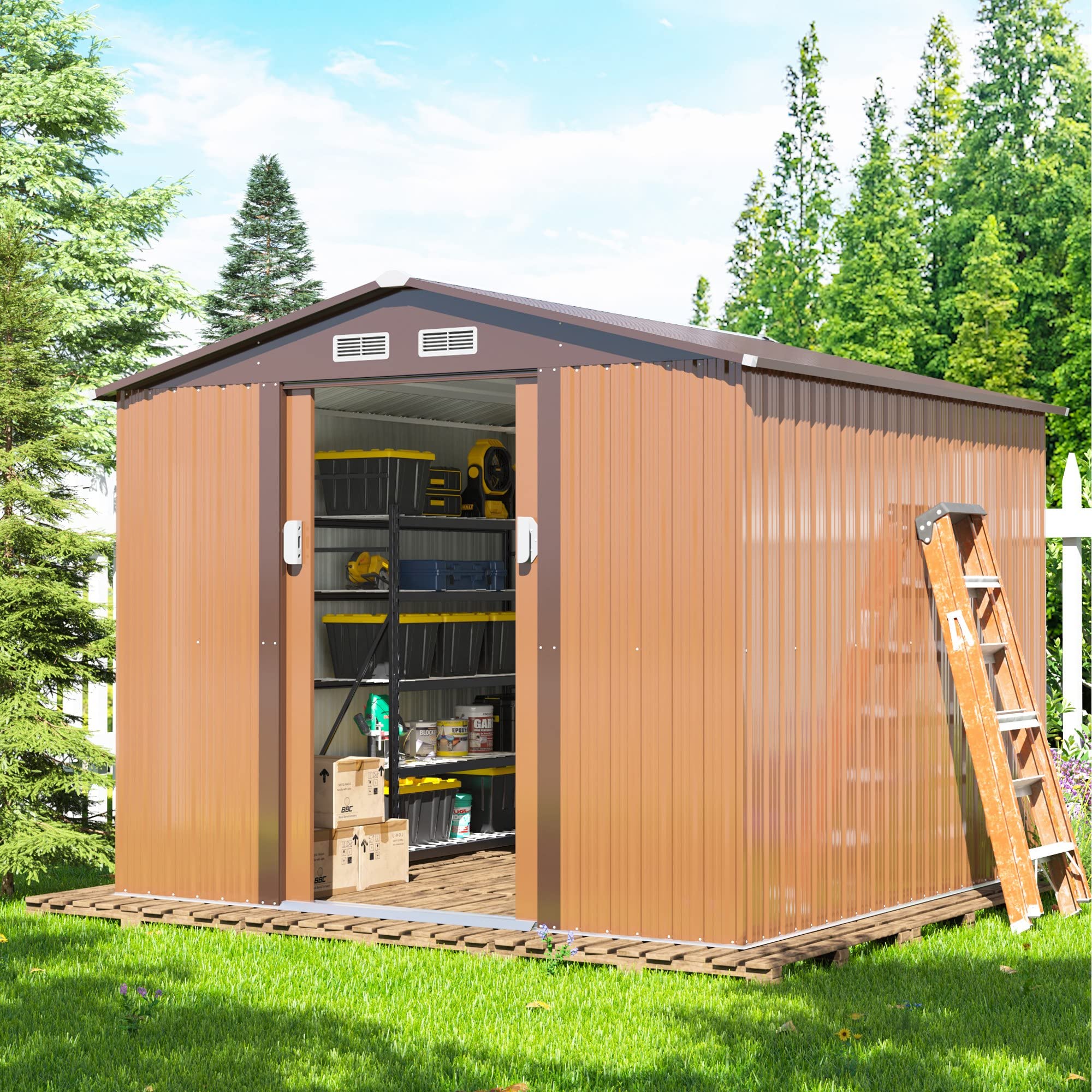 JAXPETY 6’ x 8’ Outdoor Metal Storage Shed, Lawn Equipment House with Lockable Sliding Door, Tool Organizer for Backyard Garden w/ Gable Roof, Vents, White and Gray