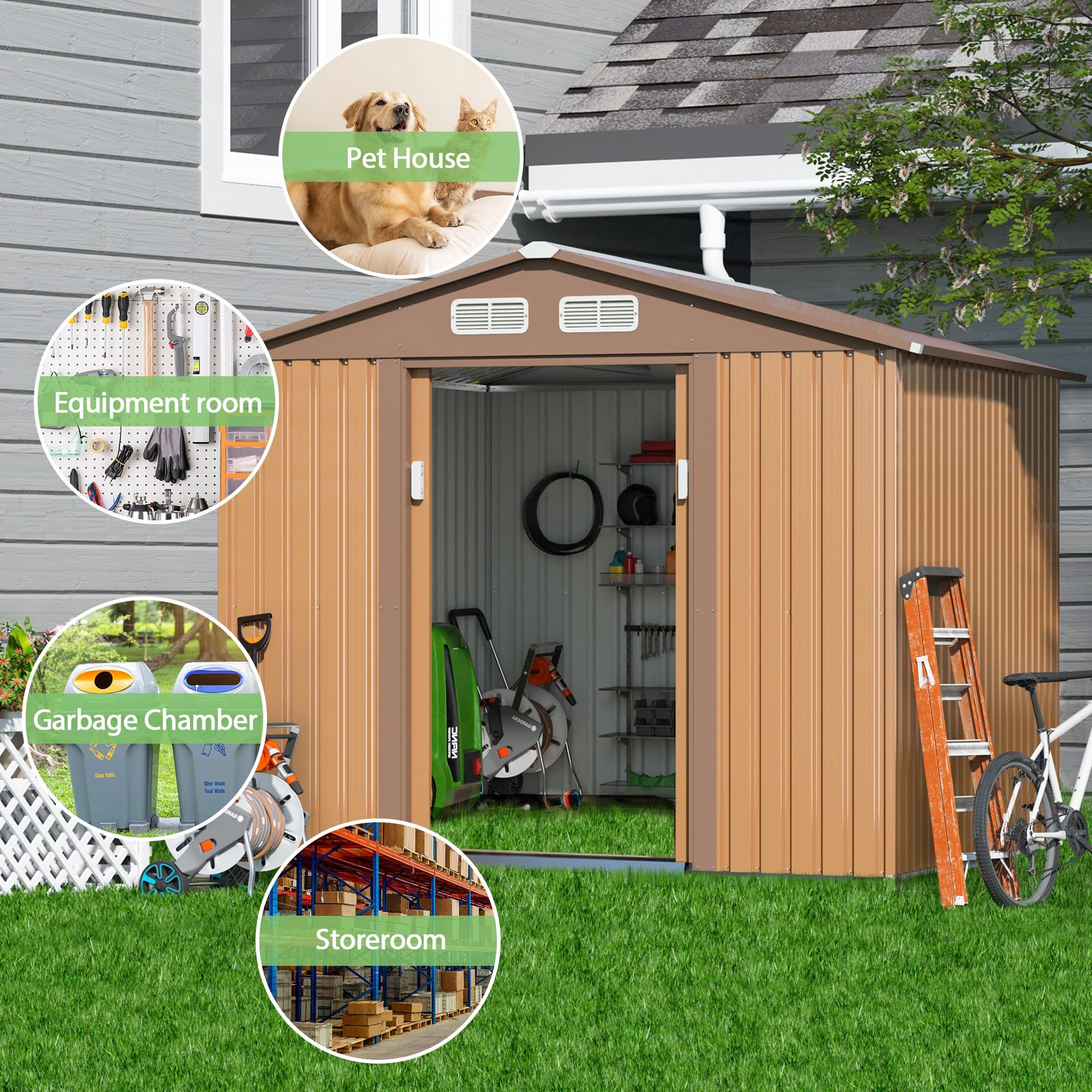 JAXPETY 6’ x 8’ Outdoor Metal Storage Shed, Lawn Equipment House with Lockable Sliding Door, Tool Organizer for Backyard Garden w/ Gable Roof, Vents, White and Gray