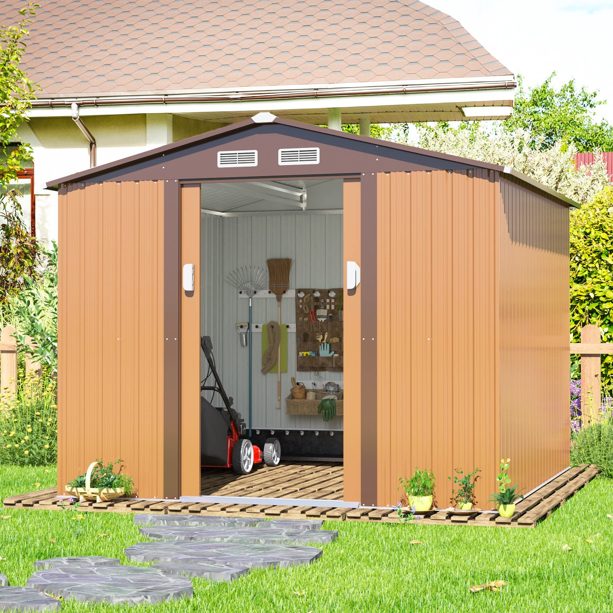 JAXPETY 6’ x 8’ Outdoor Metal Storage Shed, Lawn Equipment House with Lockable Sliding Door, Tool Organizer for Backyard Garden w/ Gable Roof, Vents, White and Gray