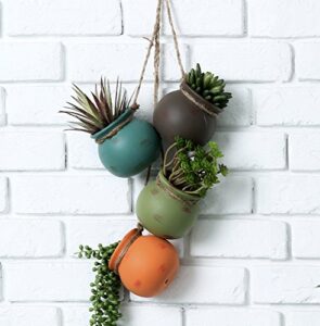 mygift dangling southwest desert color ceramic 4 pot set, wall or ceiling mount hanging mini flower planters