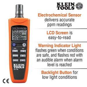 Klein Tools ET110 CO Meter, Carbon Monoxide Tester and Detector with Exposure Limit Alarm, 4 x AAA Batteries and Carry Pouch Included