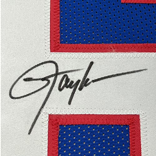 Framed Autographed/Signed Lawrence Taylor 33x42 New York Blue Football Jersey JSA COA