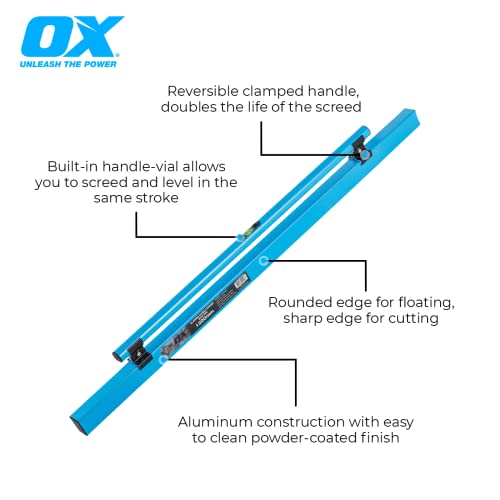 OX TOOLS Pro Series 96-Inch Concrete Screed with Leveling Vial | Aluminum | Lightweight & Reversable Handle | Screed for Cutting and Smoothing | 8' Concrete Screed