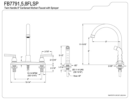 Kingston Brass FB7798FLSP Royale 8" Centerset Kitchen Faucet, Brushed Nickel, 10.25 x 8 x 11.94