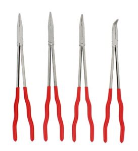 abn needle nose 16in plier 4-piece set – long reach 90-degree angle, 45-degree angle, straight, and curved pliers