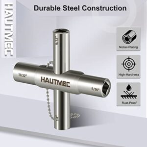 HAUTMEC 4 Way Sillcock Water Key，1/4", 9/32", 5/16", 11/32" Steel Multi-Function Utility Key for Sillcocks Faucets Valves Spigots PL0028