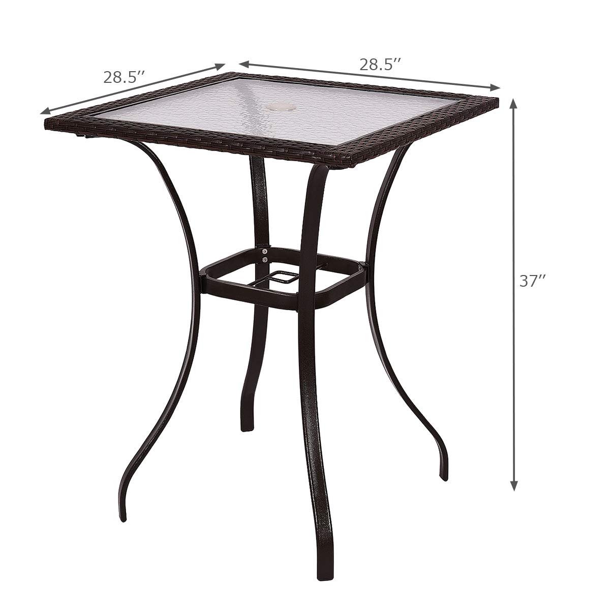 Tangkula Patio Bar Table with Umbrella Hole, All Weather 37 Inches Height Heavy Duty Outdoor Square Glass Top Table, for Garden Balcony Poolside and Lawn, Mix Brown