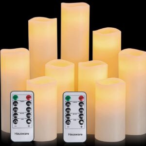 Hausware Flameless Candles Battery Operated Candles H 4" 5" 6" 7" 8" 9" Real Wax Pillar Flickering Candles LED Flameless Candles with Remote and Timer Control Set of 9 (Ivory Color)