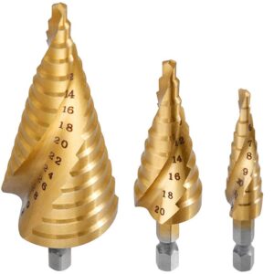 hymnorq metric titanium coated hss spiral groove step drill bit set of 3pcs 4-12/4-20/4-32mm with 1/4" hex shank packed in reusable case for cutting holes in iron plate aluminum plate, etc.