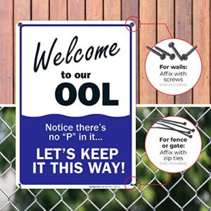 Swimming Pool Sign, Welcome to Our OOL Sign, Pool Rules, 10x14 Inches, Rust Free .040 Aluminum, Fade Resistant, Made in USA by Sigo Signs