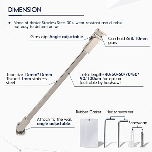 40cm / 15.7" Stainless Steel Frameless Shower Door Fixed Panel Wall-to-Glass Support Bar for 1/4" to 3/8" Thick Glass by M-Home (400mm, Chrome)