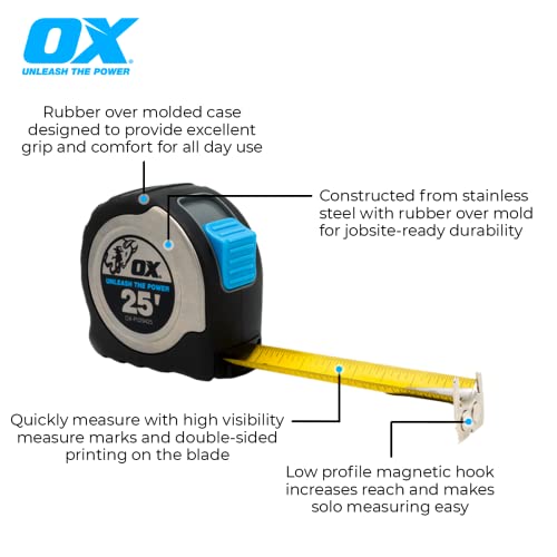 OX Tools OX-P029425 Pro Stainless Steel 25-Foot Tape Measure with Magnetic Hook, Heavy Duty Case & Easily Visible Measure Marks