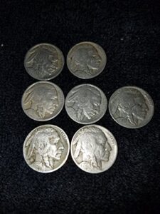 u.s. buffalo (indian head) nickels - 7 coin grab bag - 7 different dates from 1913 to 1938 nickel circulated to fine