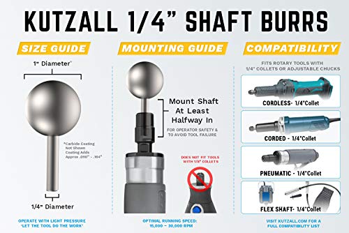 Kutzall Extreme Sphere Rotary Burr 1⁄4" Shaft, Very Coarse - Woodworking Attachment for Bosch, DeWalt, Milwaukee, Makita Tools. Abrasive Tungsten Carbide, 1" (25.4mm) Head Diameter, SX-1C