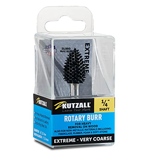 Kutzall Extreme Flame Rotary Burr, 1⁄4" Shaft, Very Coarse - Woodworking Attachment for Bosch, DeWalt, Milwaukee, Makita. Abrasive Tungsten Carbide, 1⁄2" (12.7mm) Dia. X 1" (25.4mm) Length, FLX-12C