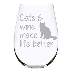 c & m personal gifts cat and wine make life better stemless glass – 17 oz laser engraved crystal wine tumbler, glass gifts for men and women, perfect for wine lovers, made in usa