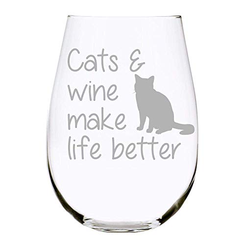 C & M Personal Gifts Cat and Wine Make Life Better Stemless Glass – 17 Oz Laser Engraved Crystal Wine Tumbler, Glass Gifts for Men and Women, Perfect for Wine Lovers, Made in USA