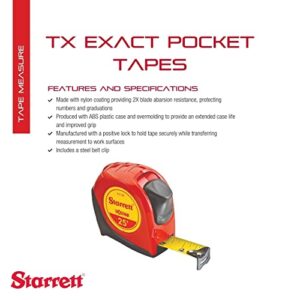 Starrett Exact Retractable Imperial Pocket Tape Measure with Nylon Coating, Steel Belt Clip and Self Adjusting End Hook - 1" Width x 25' Length - KTX1-25-N-SP01