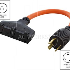 AC WORKS L5-30 30Amp 3-Prong Locking Generator Distribution Cord (1.5FT L5-30 to Tri-Household Flexible)