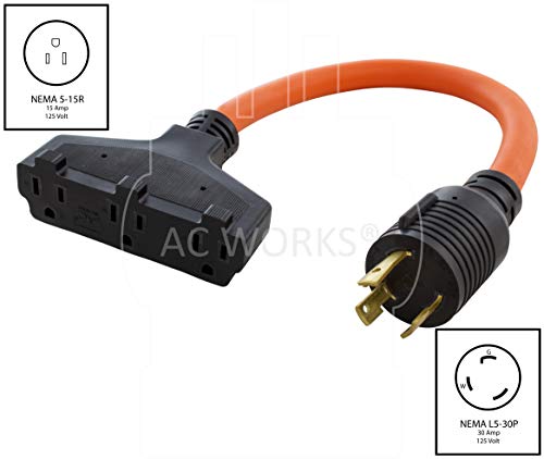 AC WORKS L5-30 30Amp 3-Prong Locking Generator Distribution Cord (1.5FT L5-30 to Tri-Household Flexible)