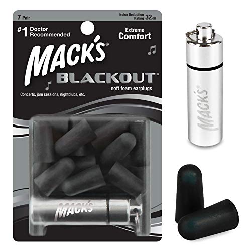 Mack's Blackout Soft Foam Earplugs, 7 Pair with Travel Case - 32 dB Highest NRR, Comfortable Ear Plugs for Concerts, Jam Sessions, Nightclubs, Loud Events and Shooting Sports